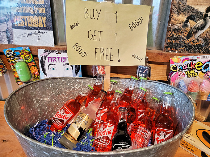 "Buy one, get one free" &ndash; these vintage Frostie sodas sit in their ice bath like ruby treasures, waiting to deliver that first magical, fizzy sip.