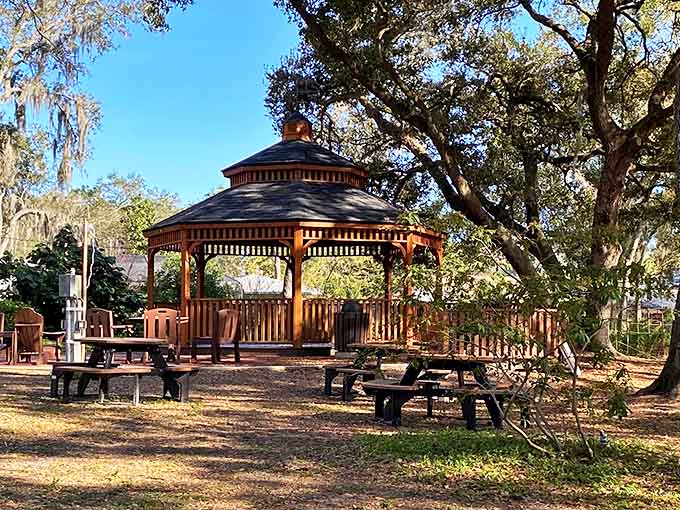 This rustic gazebo provides shade for picnickers and serves as an outdoor classroom, framed perfectly by the preserve's lush landscape.