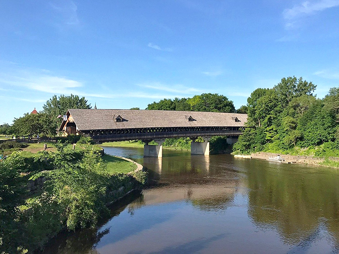 The Holz Br&uuml;cke covered bridge spans the Cass River like a wooden guardian, connecting visitors to even more Bavarian delights.