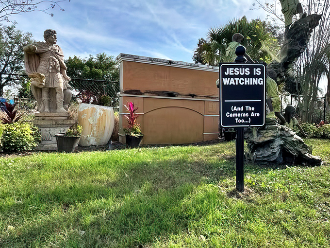 "Jesus is watching (And the cameras are too)"&mdash;combining spiritual guidance with practical security measures in quintessentially American fashion.