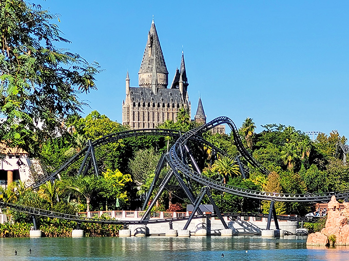 The VelociCoaster slices through the sky with prehistoric precision, proving that dinosaurs and roller coasters were always meant to be friends.