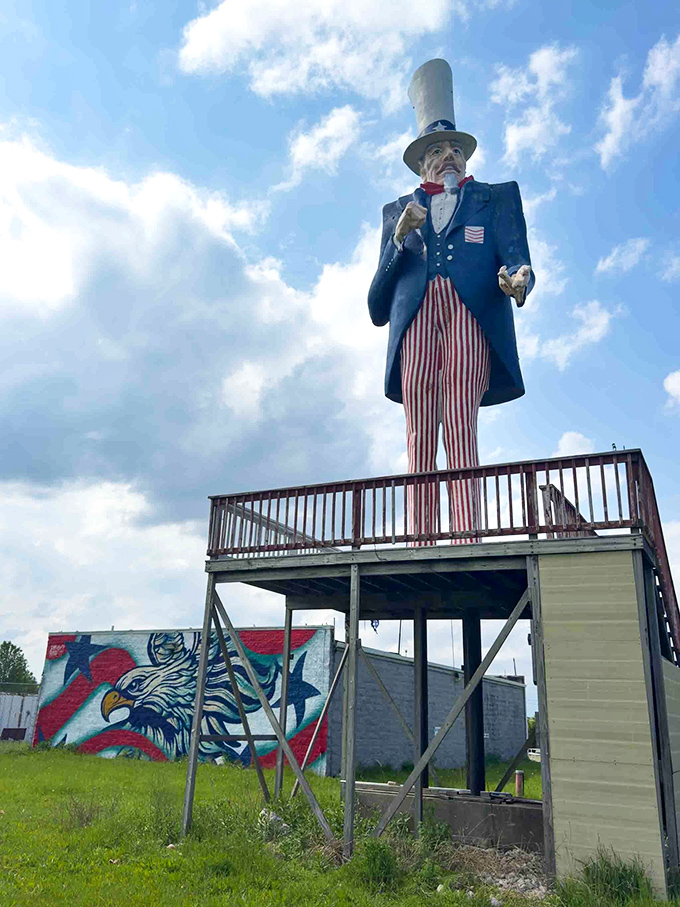 Looking up at Uncle Sam against blue Michigan skies creates a sense of awe, like gazing at Mount Rushmore in portable form.