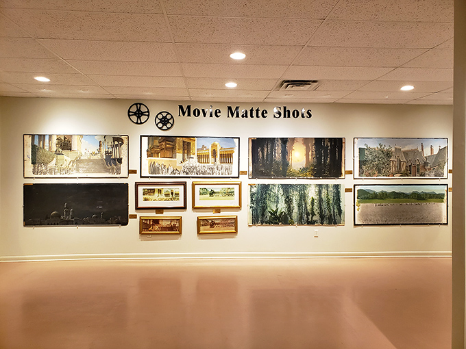Memorabilia: Movie matte shots line the gallery walls &ndash; Hollywood magic before computers, when backgrounds were painted by actual human hands.