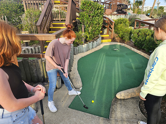 Mini-golf challenges await as young putters line up their shots on courses designed for maximum fun and minimum frustration.