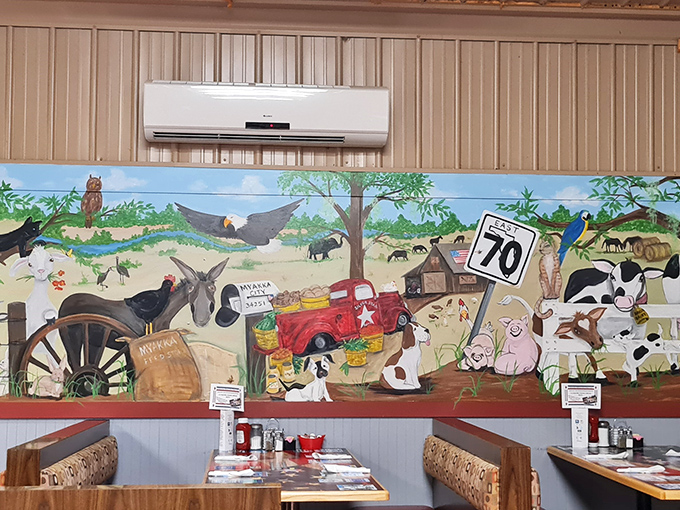 A whimsical farm mural brings the agricultural heritage of Myakka City indoors, creating a backdrop for countless family meals and celebrations.
