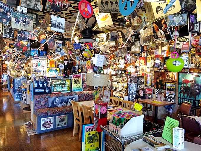 Every angle reveals new treasures in this immersive experience where vinyl records hang from the ceiling like musical stalactites.