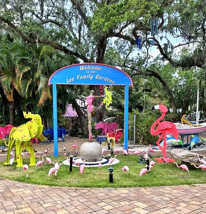 Step into the Lee Family Gardens, where metal flamingos stand tall enough to look you in the eye and colorful sculptures create shadows as interesting as the pieces themselves.