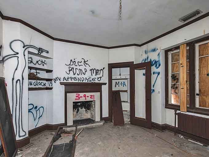 Graffiti transforms this once-elegant room into an urban art gallery &ndash; the juxtaposition of decay and creativity creating its own strange beauty.