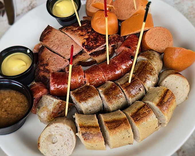 A sausage sampler that would make any Bavarian butcher proud – complete with mustards that'll clear your sinuses in the most delightful way.