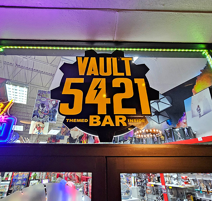 The Vault 5421 sign glows with radioactive urgency, a beacon calling all wasteland wanderers to this post-apocalyptic watering hole.
