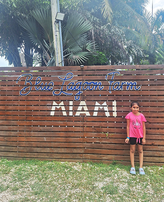The charming wooden entrance sign welcomes visitors to Blue Lagoon Farm, where Miami meets magic and mermaids aren't just mythical creatures.