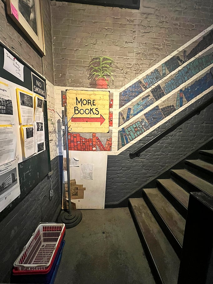 Vintage globe lamps illuminate the welcome sign, a throwback to an era when bookstores were cultural institutions rather than mere retail spaces.