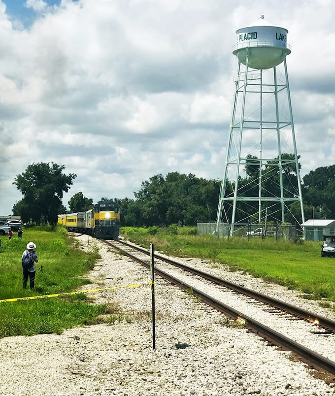 The Placid Lake water tower stands sentinel as the train passes, a landmark that's guided travelers through this region for generations.