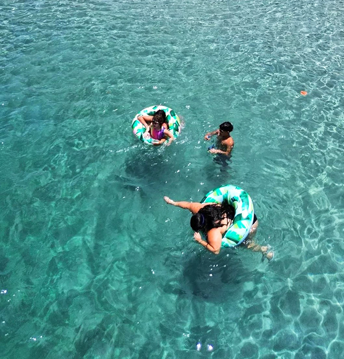 Crystal-clear waters create nature's own swimming pool, where floating visitors discover the simple joy of weightlessness under Florida's blue skies.