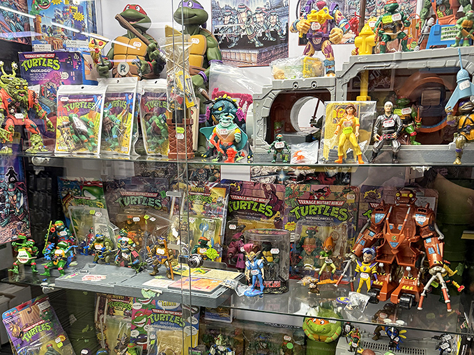 Teenage Mutant Ninja Turtles stand ready for action, tempting visitors to recreate pizza-fueled battles from childhood living room floors.