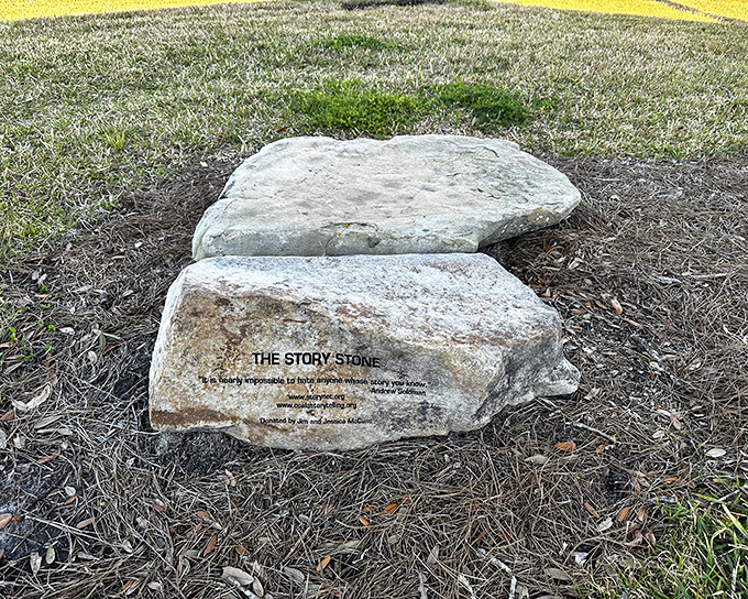 "The Story Stone" offers a quiet place for reflection, reminding visitors that everyone's narrative matters in this grand human tapestry.