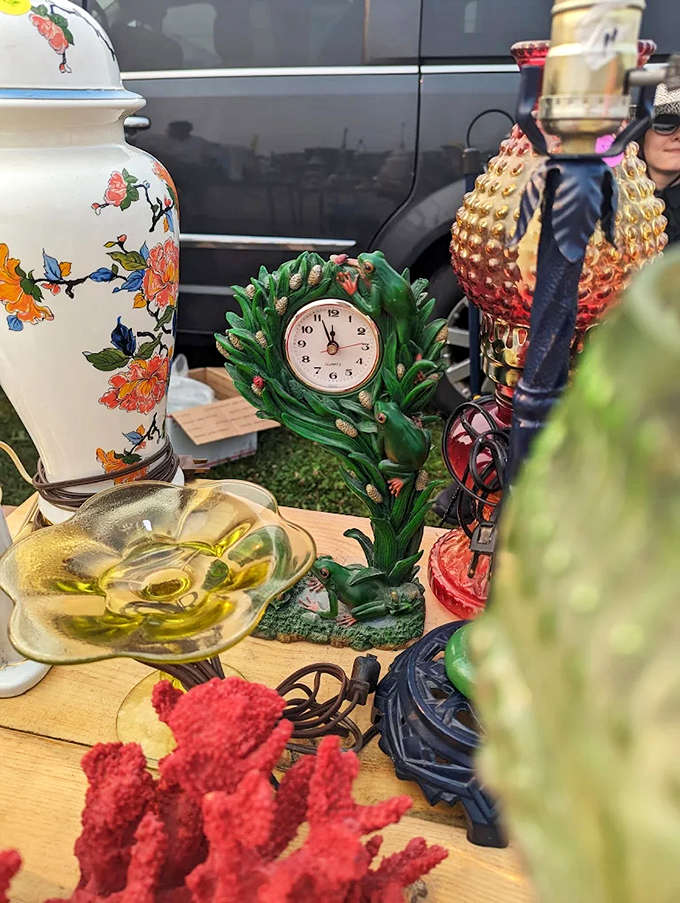 Vintage clocks and decorative pieces create vignettes that look like they were styled for a magazine spread about eclectic collecting, except these are all for sale and waiting for new homes.