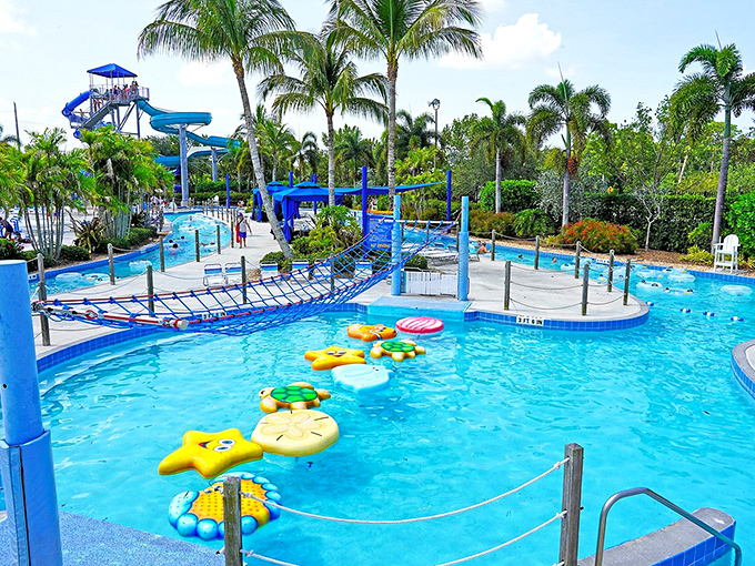 A colorful flotilla of sea creatures offers young adventurers a whimsical way to navigate the pool while practicing their balance.