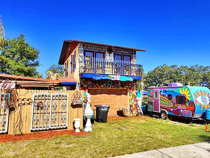 The two-story art house stands like a beacon of creativity, its balcony overlooking a world transformed by imagination.