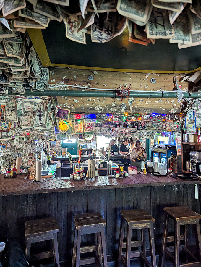 Dollar bills flutter from every surface above the well-stocked bar, where colorful string lights add to the festive, can't-believe-your-eyes atmosphere.