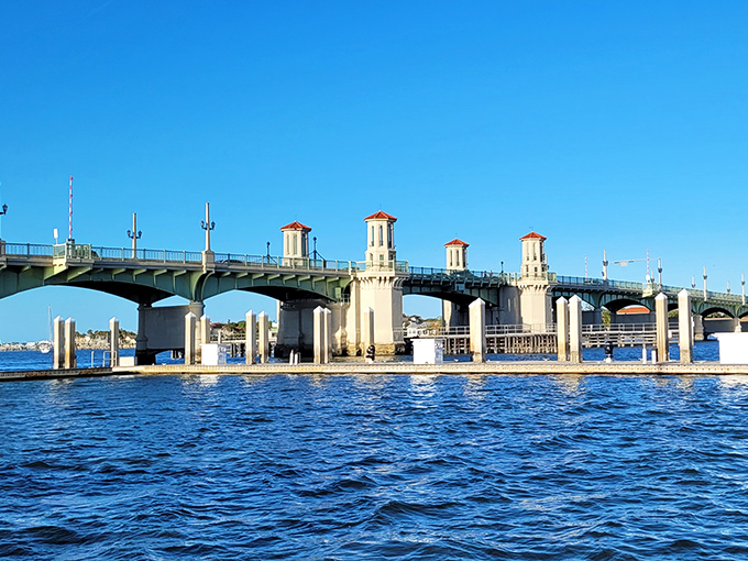 The Bridge of Lions spans Matanzas Bay with Mediterranean-inspired towers, connecting mainland St. Augustine to Anastasia Island.