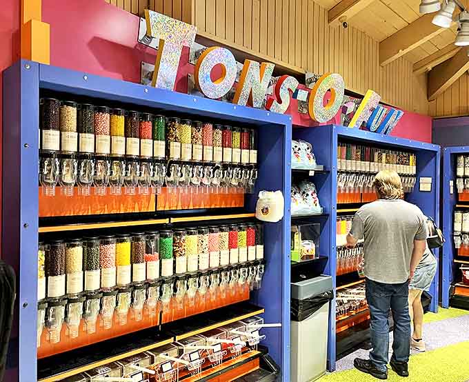 The "Tons-O-Fun" wall is like a candy ATM &ndash; deposit your dreams, withdraw pure joy in colorful, edible form.