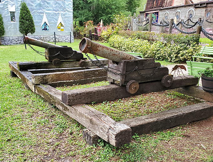 These cannons stand ready to defend against the greatest threat to the castle: boring, conventional architecture in the neighborhood.