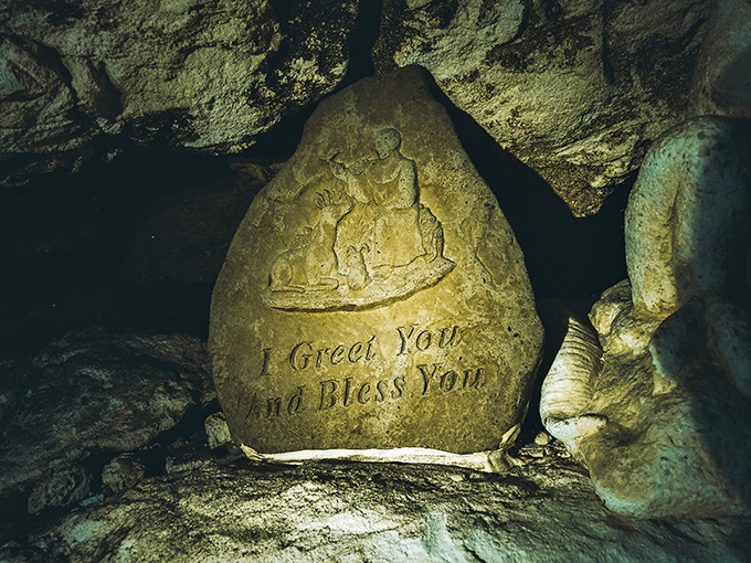 "I Greet You and Bless You" &ndash; this underwater stone carving offers a surprisingly spiritual moment in the depths of Florida's limestone.
