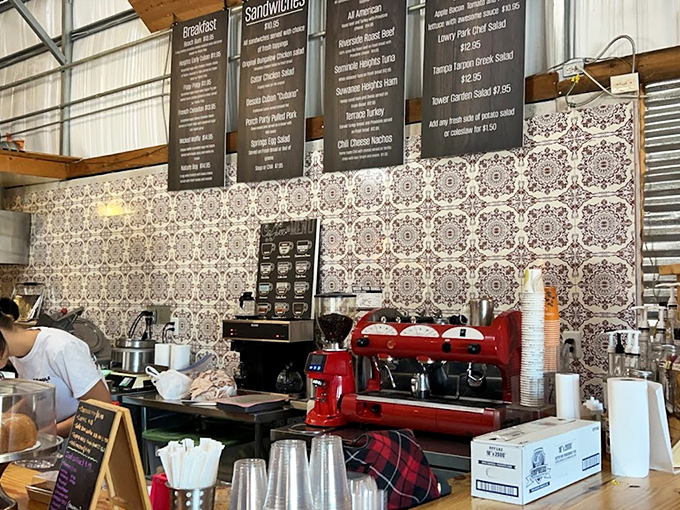 Vintage-inspired tiles and a well-organized counter space offer a glimpse into the careful preparation behind each delicious creation.