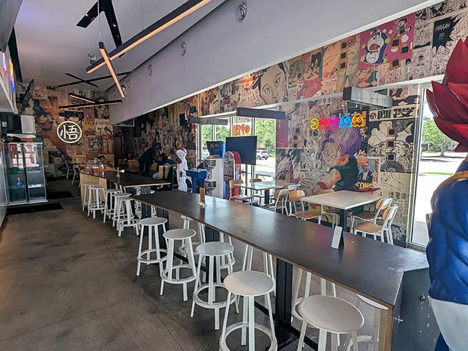The counter seating offers front-row views to the culinary action, where broths bubble and noodles dance in their hot baths.