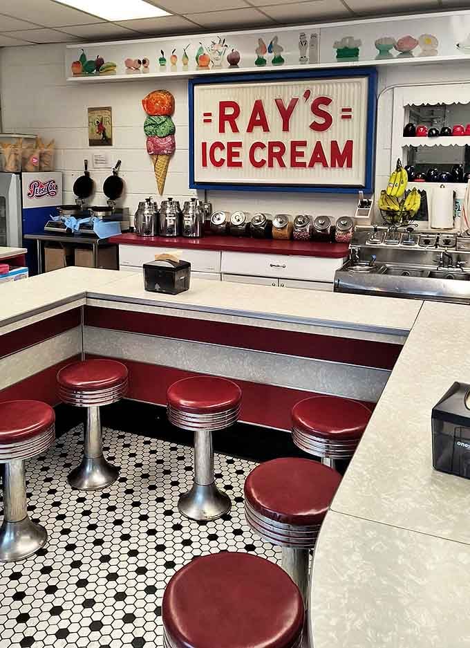 The vintage counter seating at Ray's invites you to perch, ponder, and partake in premium ice cream while contemplating life's sweetest mysteries.