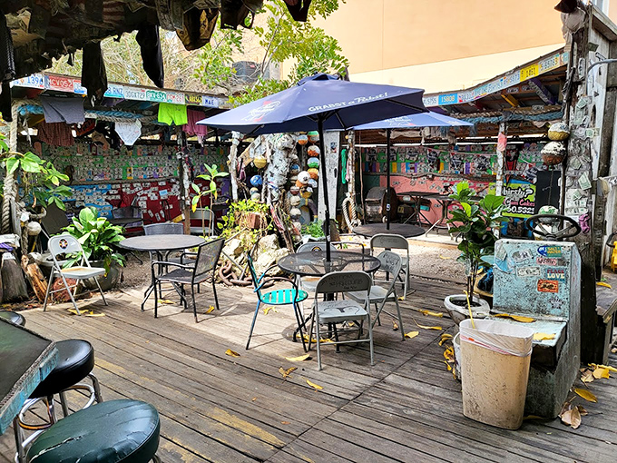 Every corner reveals new surprises &ndash; this outdoor seating area looks like a pirate's retirement plan came to colorful fruition.