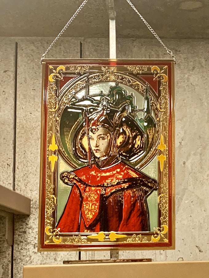 Stained glass artwork captures the essence of Star Wars mythology, filtering light through stories of heroes and villains from distant worlds.