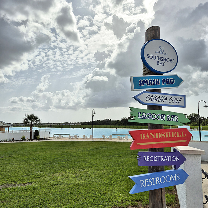 Colorful directional signs point the way to various adventures, eliminating the age-old vacation question: "Where do we go now?"