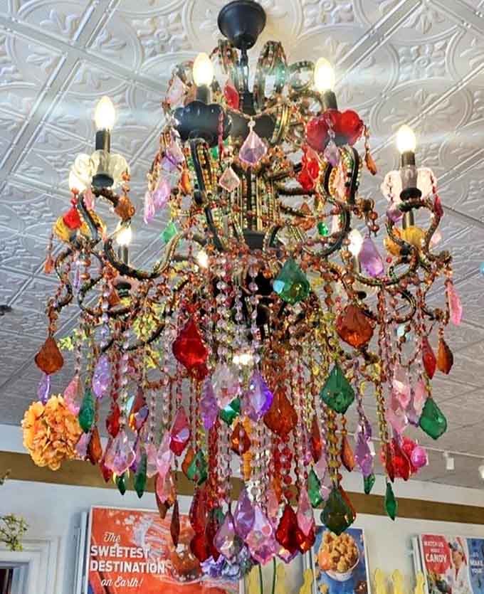 This isn't just lighting &ndash; it's jewelry for the ceiling, a kaleidoscopic chandelier dripping with colorful gems that dance in the light.