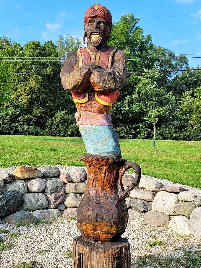 The genie emerges from his wooden vessel, arms crossed and expression mischievous as if waiting to grant unexpected Wisconsin wishes.