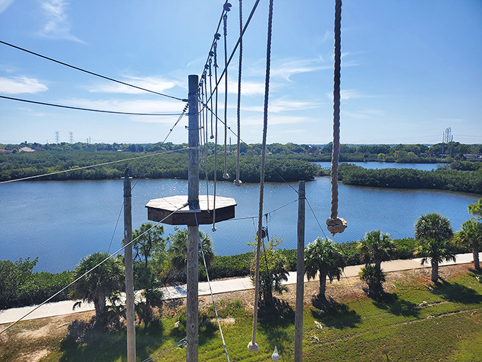 The high ropes course&mdash;where "just don't look down" becomes both mantra and impossibility all at once.