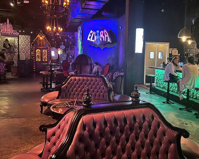 The bar's attention to detail extends to every corner, with vintage horror memorabilia and Victorian oddities adorning the walls.