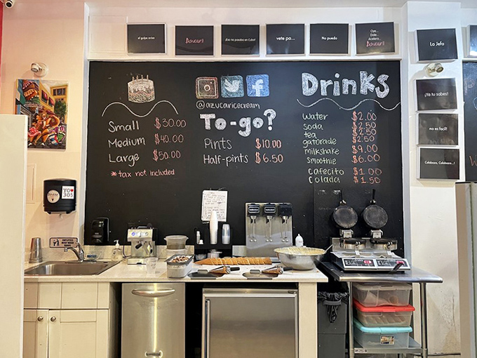 The drink station offers Cuban coffee and other beverages &ndash; because sometimes you need something warm to balance all that cold sweetness.