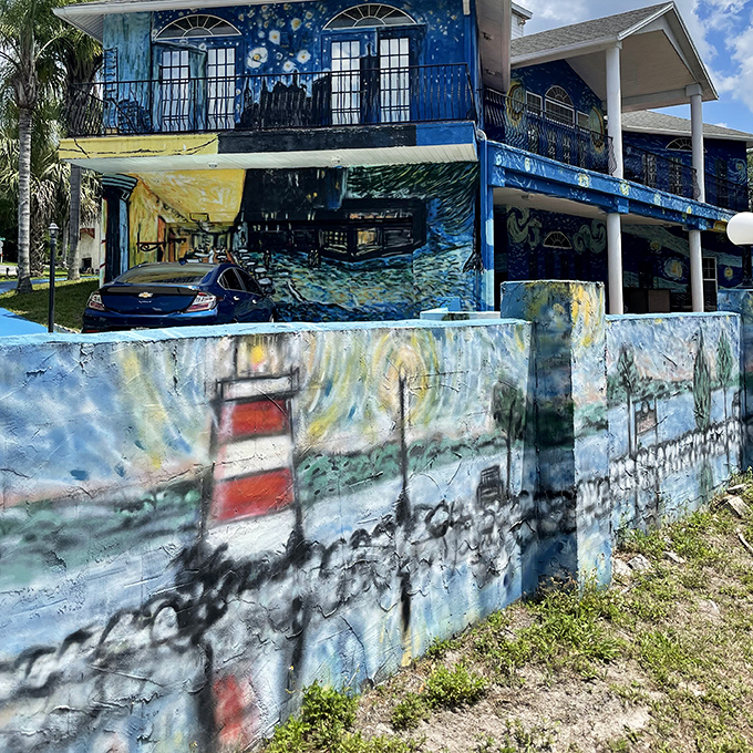 Maritime elements like this lighthouse add unexpected coastal touches to the mural, blending van Gogh's vision with Florida's nautical character.
