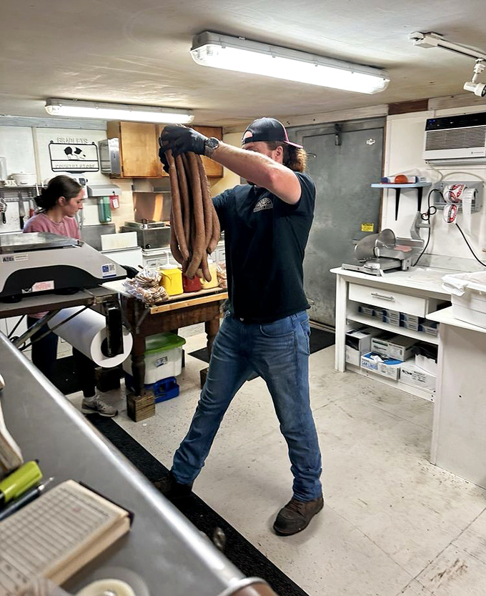 Behind the scenes magic, Bradley's sausages being prepared with techniques passed down through generations, not cooking school textbooks.