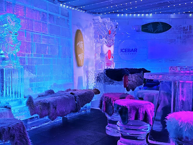 The ice lounge features fur-draped seating and illuminated sculptures &ndash; like stepping into a luxury igloo designed by a creative polar bear.