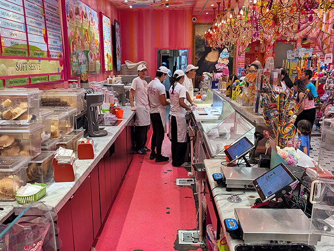 Behind this counter, ice cream artists craft frozen dreams while surrounded by enough pink to make Barbie jealous.
