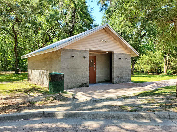 Even the practical facilities at Morrison Springs maintain a certain rustic charm – because answering nature's call shouldn't mean leaving nature behind.
