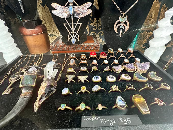 Handcrafted copper rings featuring natural stones offer affordable wearable art for those seeking a touch of the mystical.