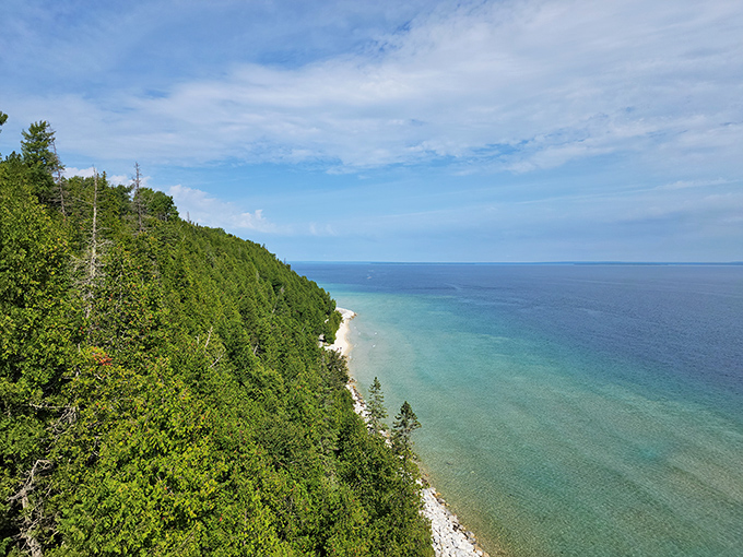 This stunning overlook reveals Lake Huron's remarkable clarity, with waters transitioning from turquoise shallows to deep sapphire blues.