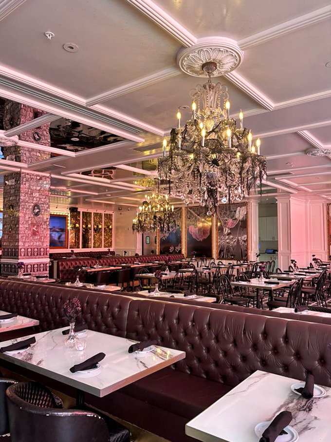 The dining room balances opulence and whimsy &ndash; where Marie Antoinette might meet for lunch with Willy Wonka.