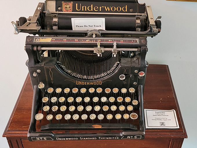 This vintage Underwood typewriter sits ready for action, its keys once dancing beneath the fingers of one of America's most popular adventure writers.