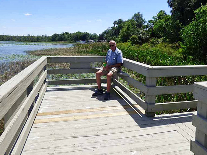 The observation deck provides the perfect vantage point for soaking in Lake Harris views without getting your feet wet.