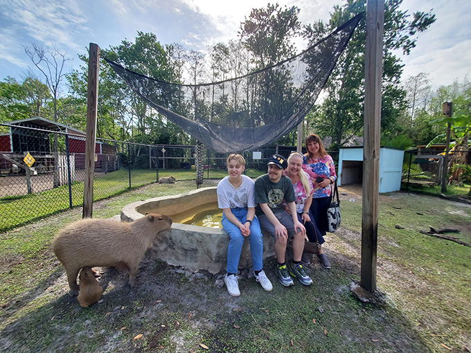 Visitors share a magical moment with a capybara, creating the kind of memory that outlasts any theme park souvenir or roller coaster thrill.